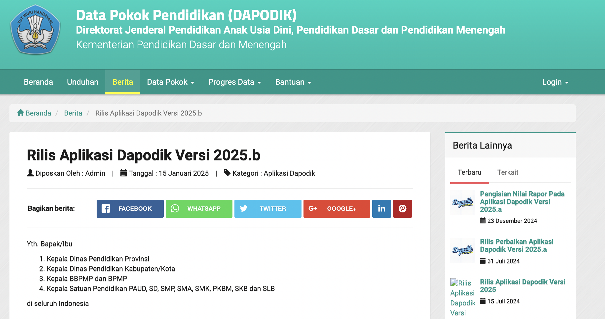 Terbaru!! Berikut Link Portal Dapodik Terbaru VervalPTK, VervalPD, GTK, BOS, Dan Lainnya